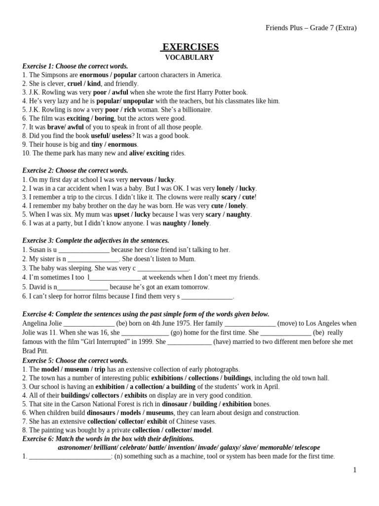 Unit 3- Extra Paper- Friends Plus - Grade 7 | PDF