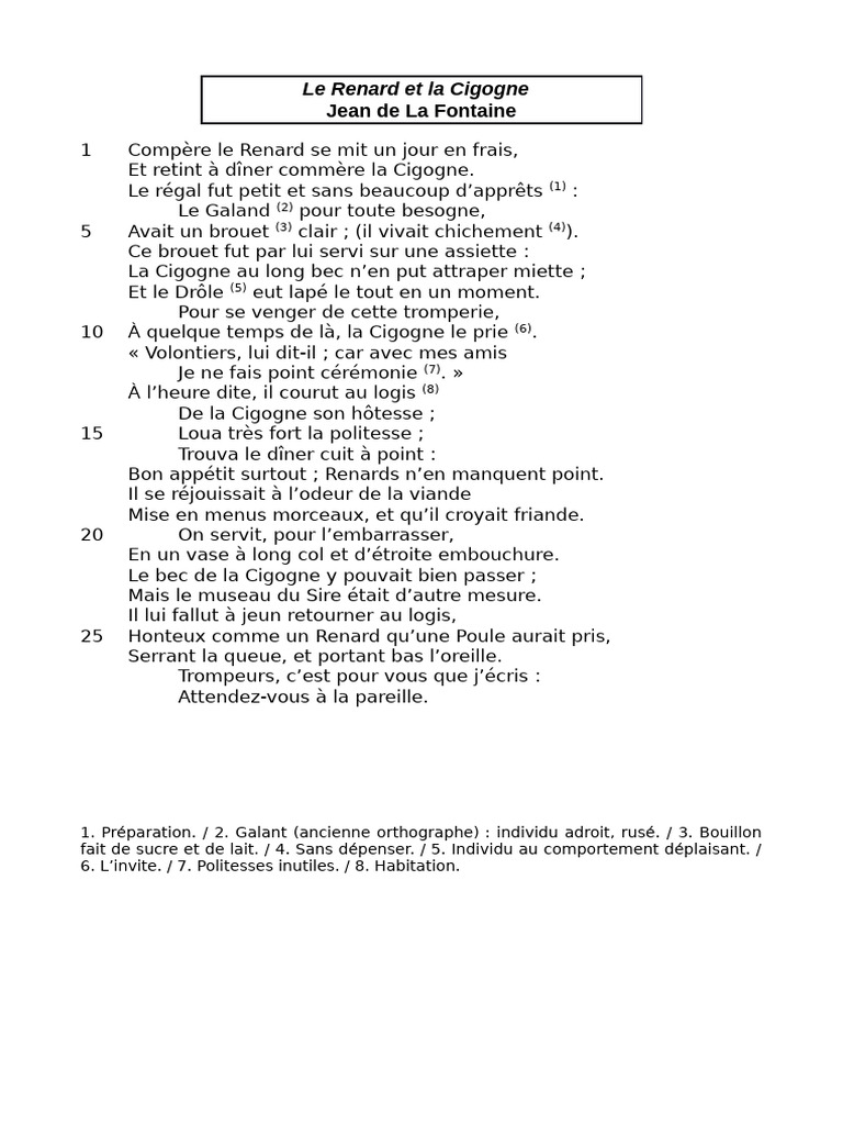 Poésie - Le Renard Et La Cigogne | PDF