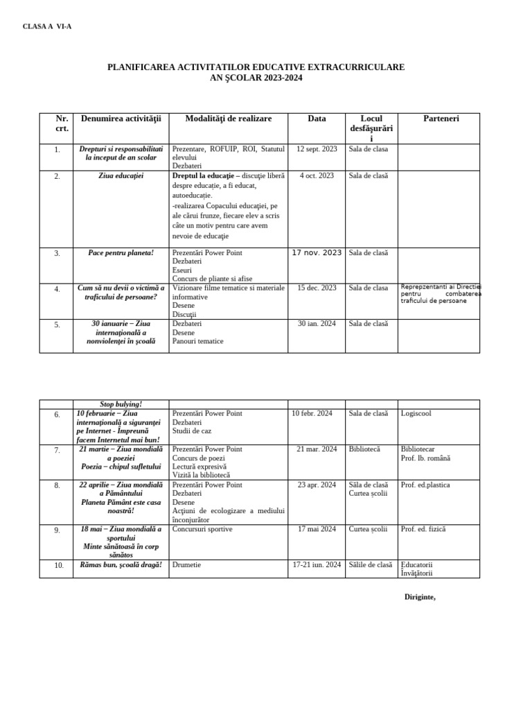 Planificari Activitati - Extrascolare 2023-2024 | PDF