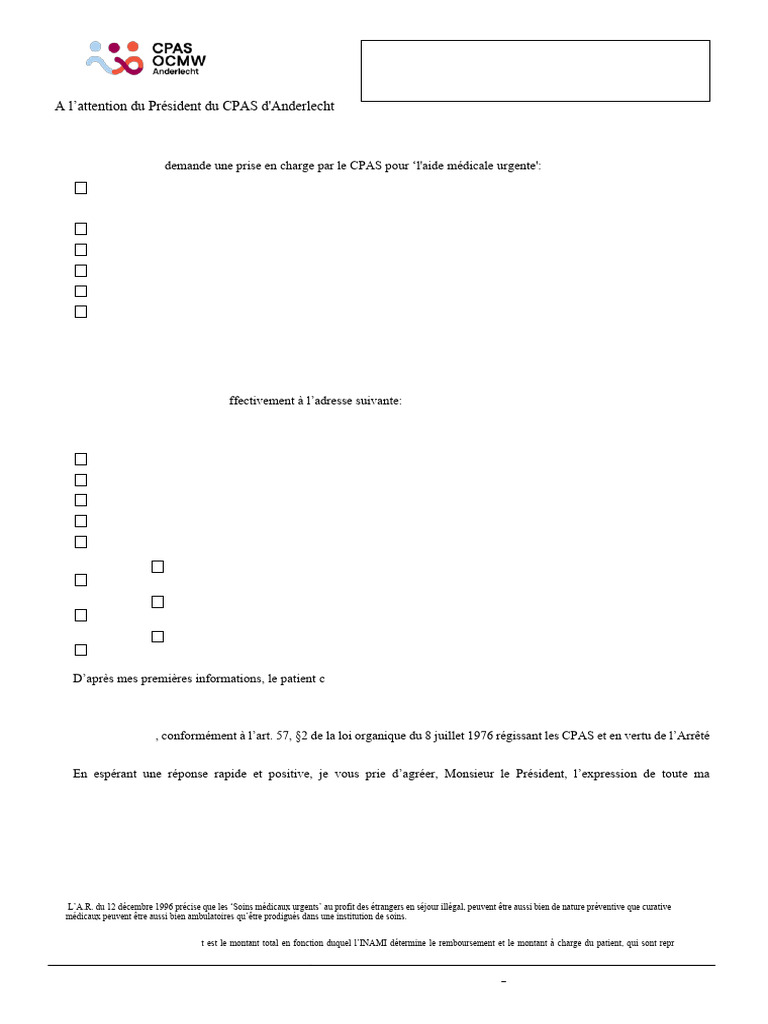 A L'attention Du Président Du CPAS D'anderlecht (Commune de Résidence ...