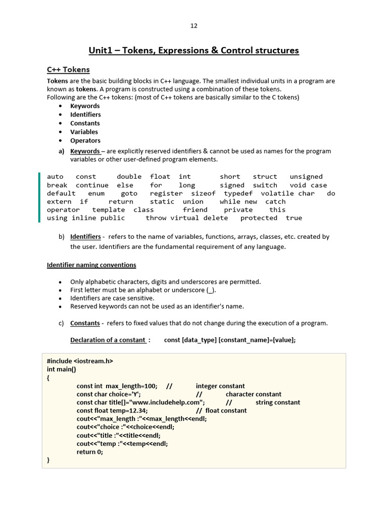 Unit1 - Tokens Expressions & CS | PDF