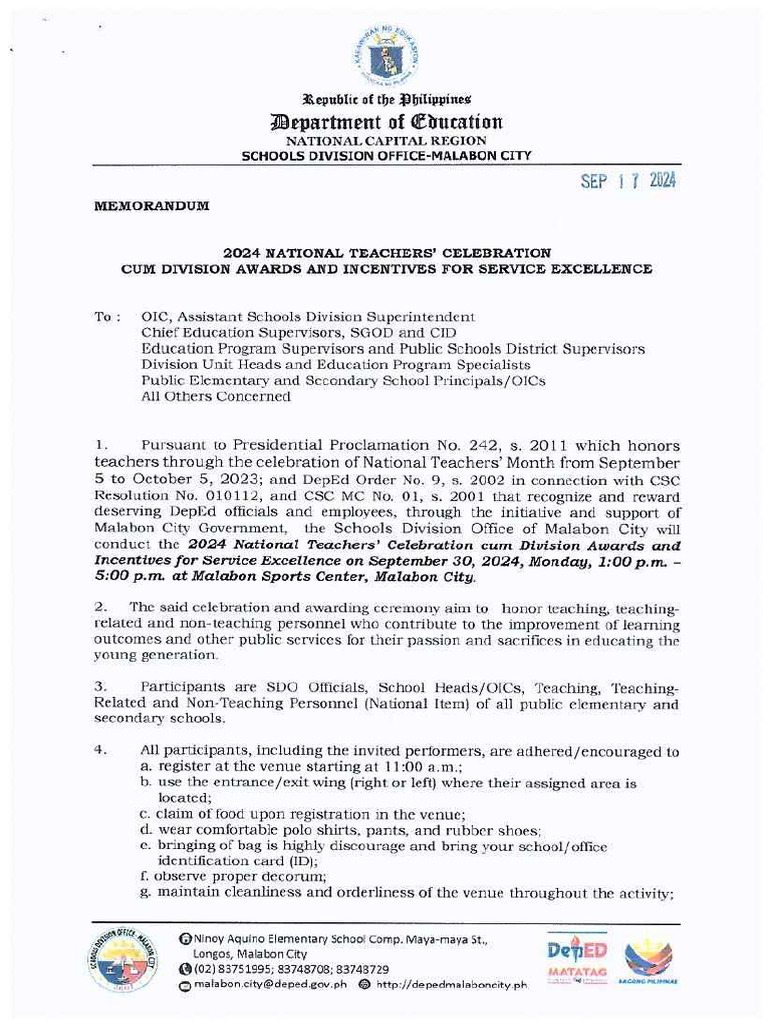 Memo SDO National Teachers Celebration 30 September 2024 | PDF