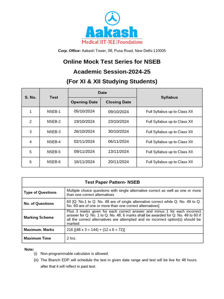 NSEB Online Mock Test Schedule For XI & XII Class | PDF