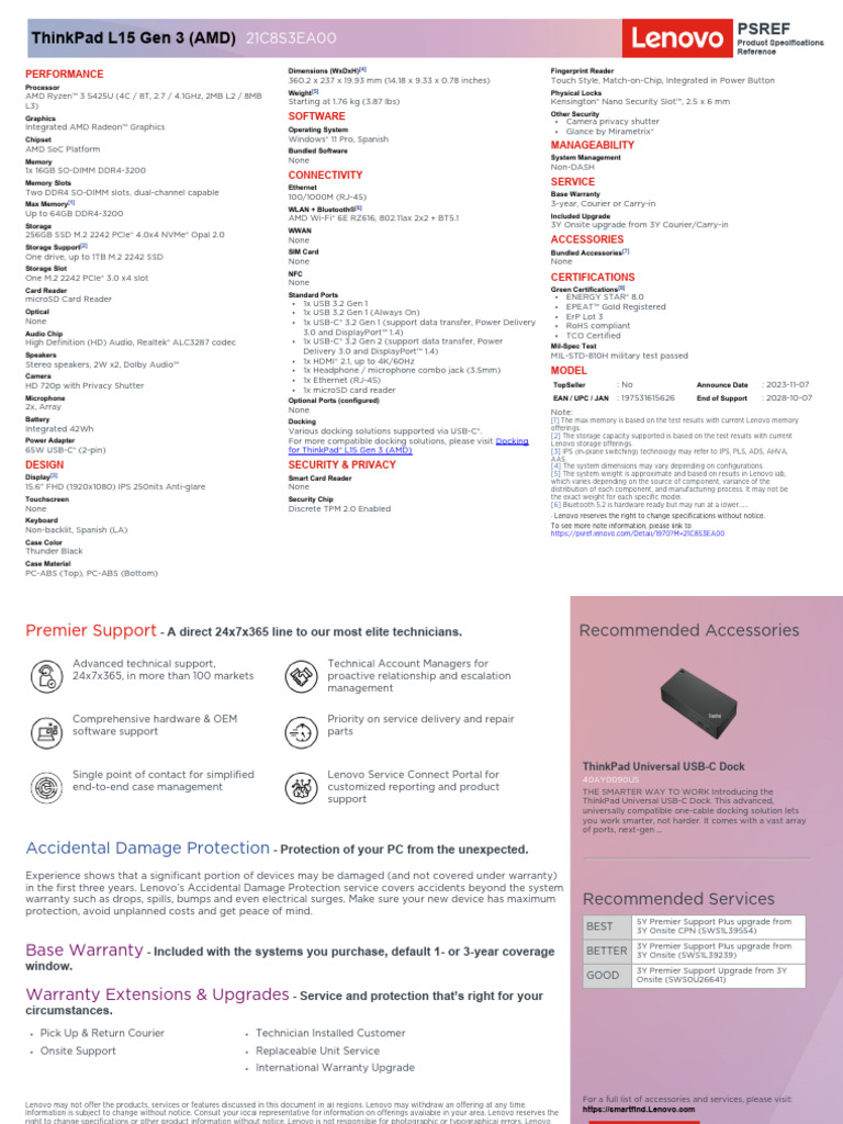 ThinkPad L15 Gen 3 AMD 21C8S3EA00 | PDF