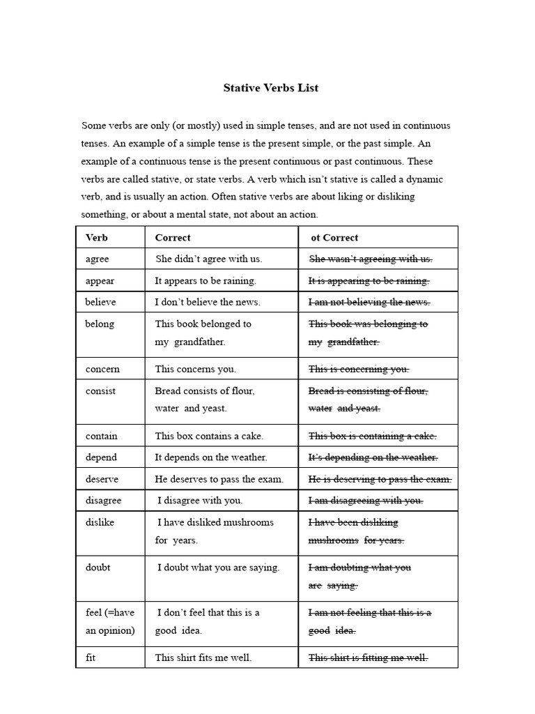 Stative Verbs List | PDF