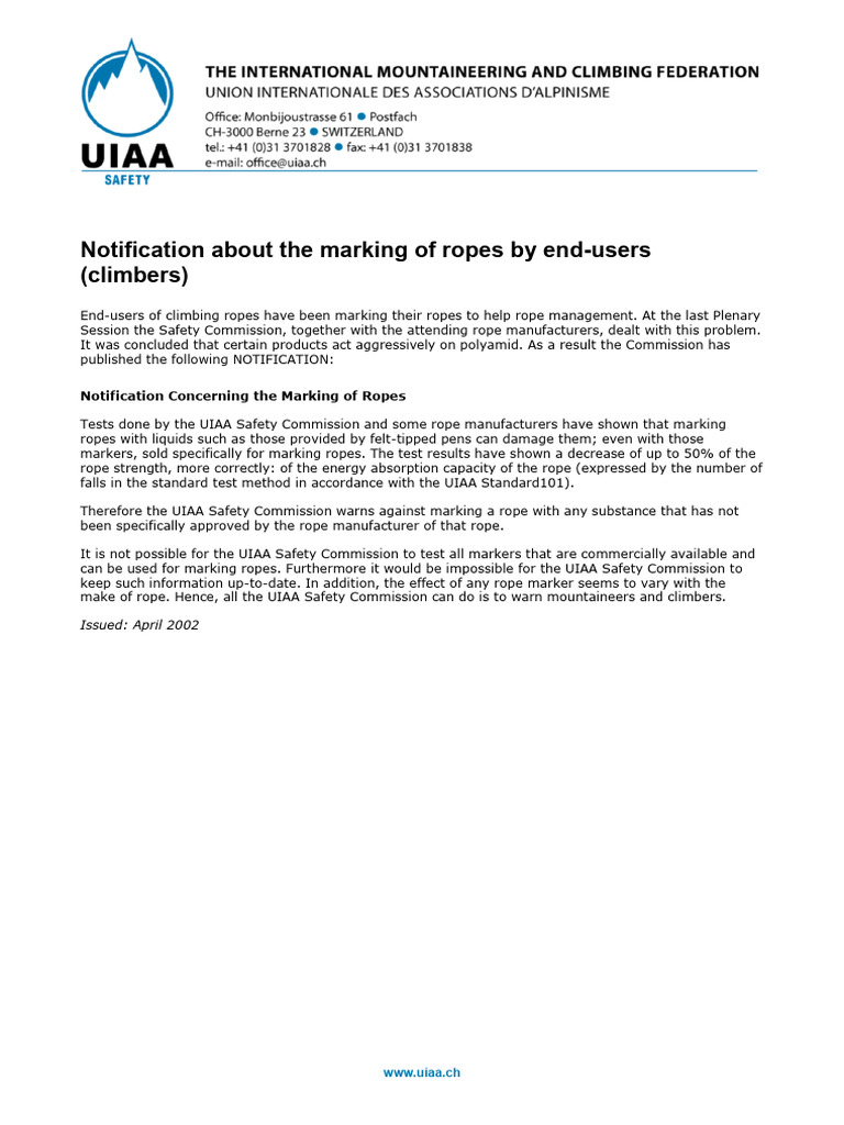 07a UIAA Notice Marking-Ropes | PDF