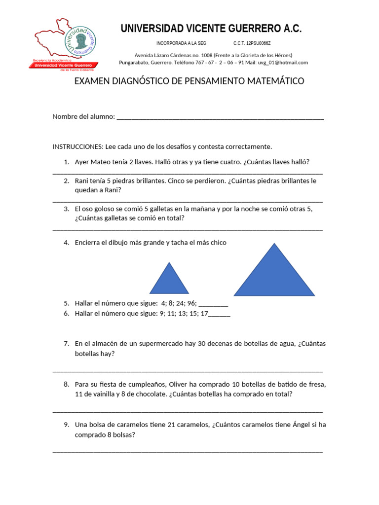 Examen Diagnóstico de Pensamiento Matemático | PDF