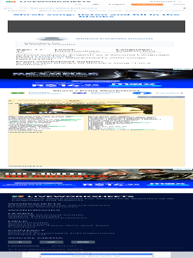 Shrek Song Listen and Fill in The Blanks Worksheet Live Worksheets | PDF