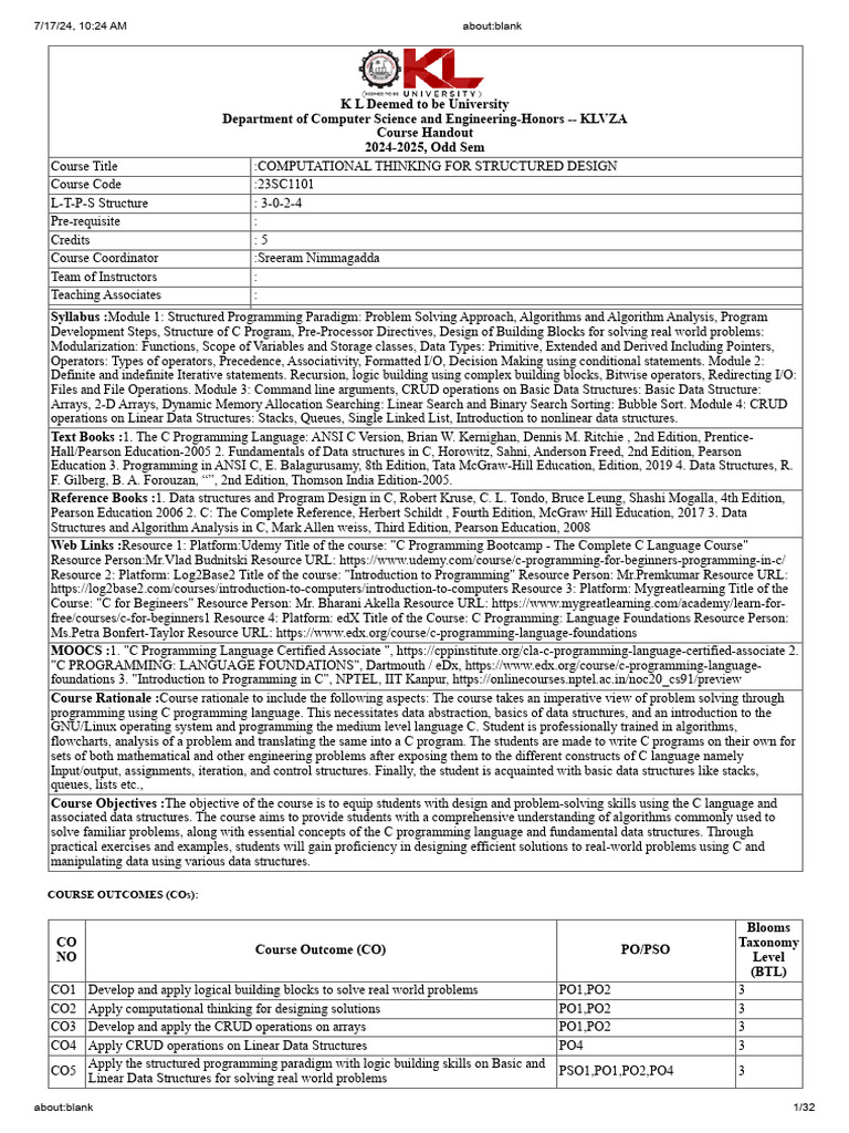 23SC1101-course Handout | PDF | Engineering | Computer Program