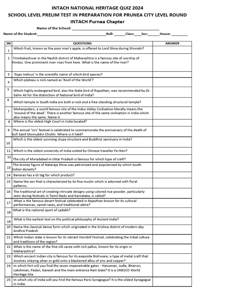 INTACH Quiz 2024 Prelims Qs & Key | PDF
