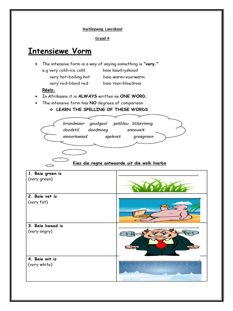 Afrikaans Gr 4 Werksvel Intensiewe Vorm 13 April | PDF