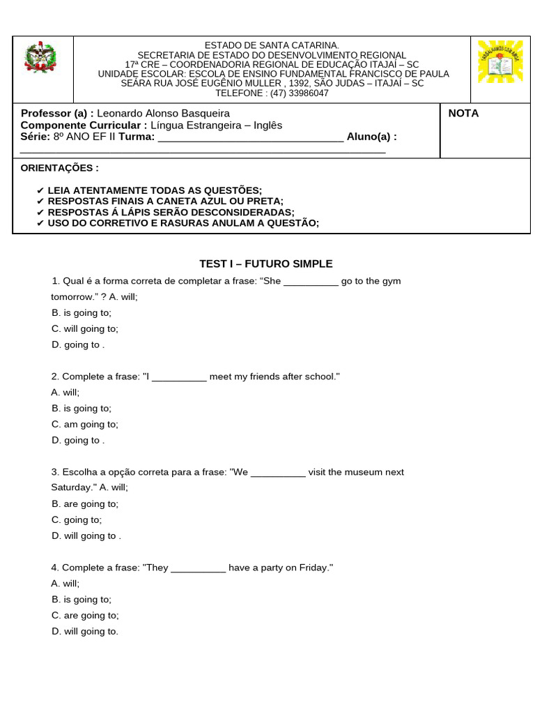 Prova I - 8 ANO - FUTURE SIMPLE - 2 TRIMESTRE - ALUNOS | PDF