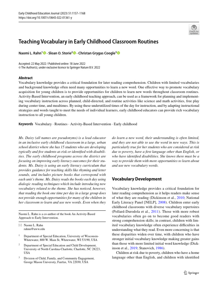 2023 - Teaching Vocabulary in Early Childhood Classroom Routines | PDF