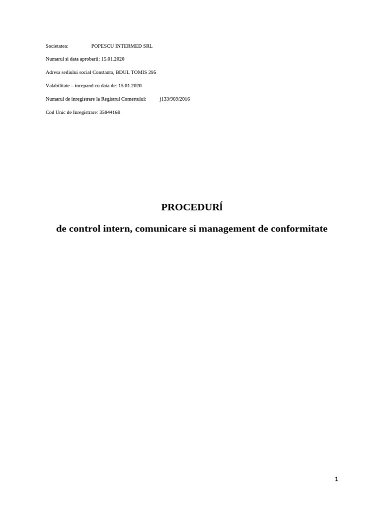 Proceduri Control Intern Comunicare Management de Conformitate | PDF