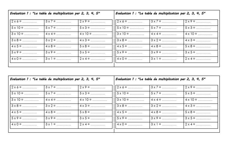 Mini Evaluation La Table de Multiplication Par 2 3 4 5 | PDF