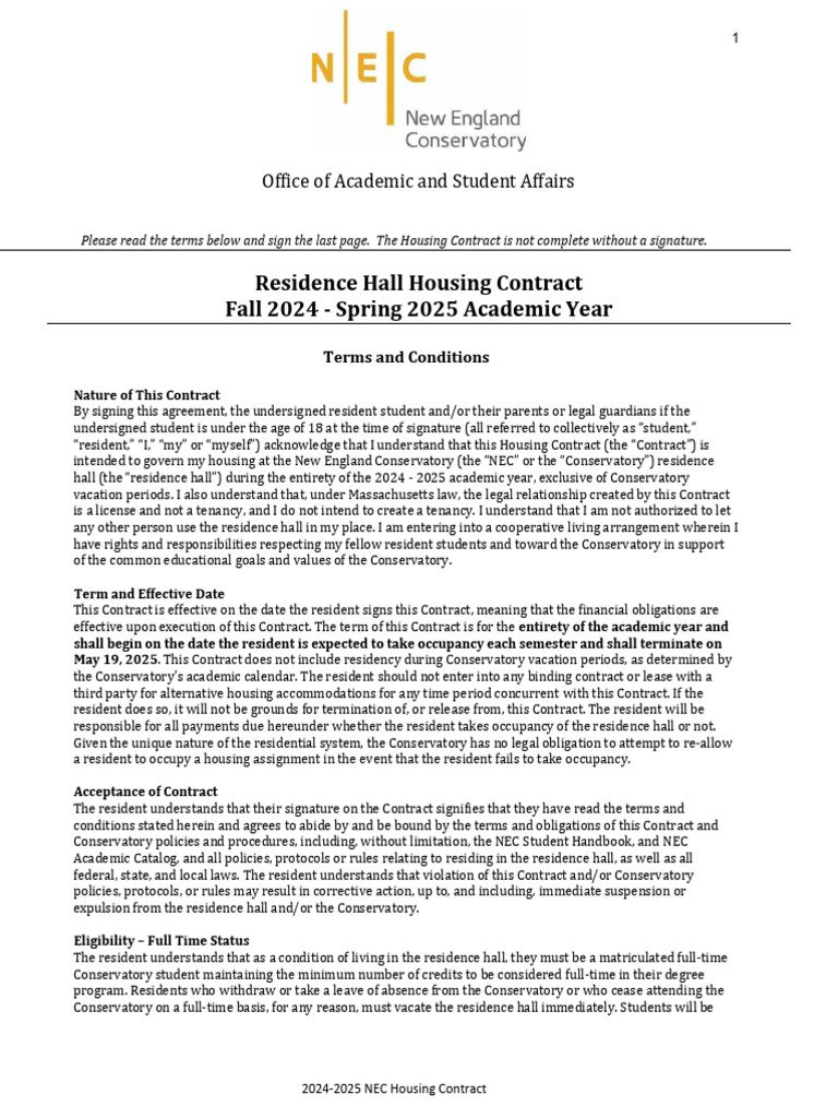 Housing Contract 2024-2025 | PDF