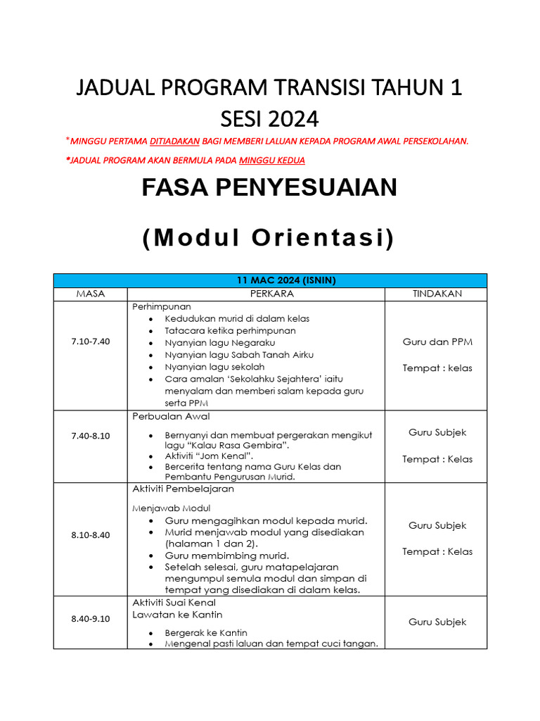 Jadual Program Transisi Tahun 1 Sesi 2024 | PDF