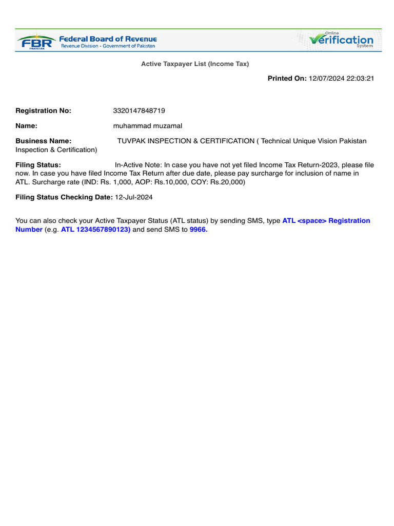 Https:/e FBR Gov Pk/esbn/verification | PDF