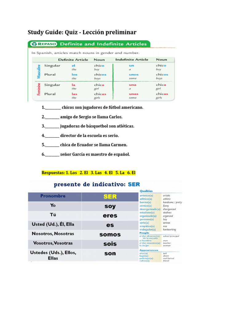Study Guide Quiz Articulos Adjetivos SER ESTAR y TENER 2024 | PDF
