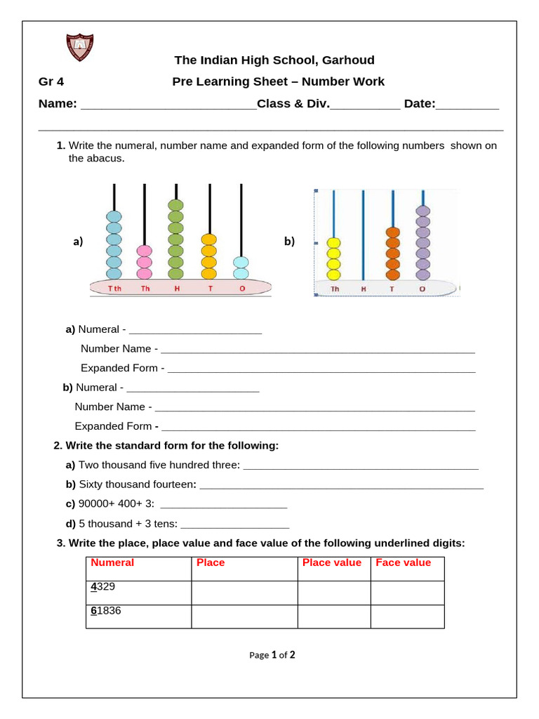 Gr4 Pre Learning Sheet Number Work (2024-25) | PDF