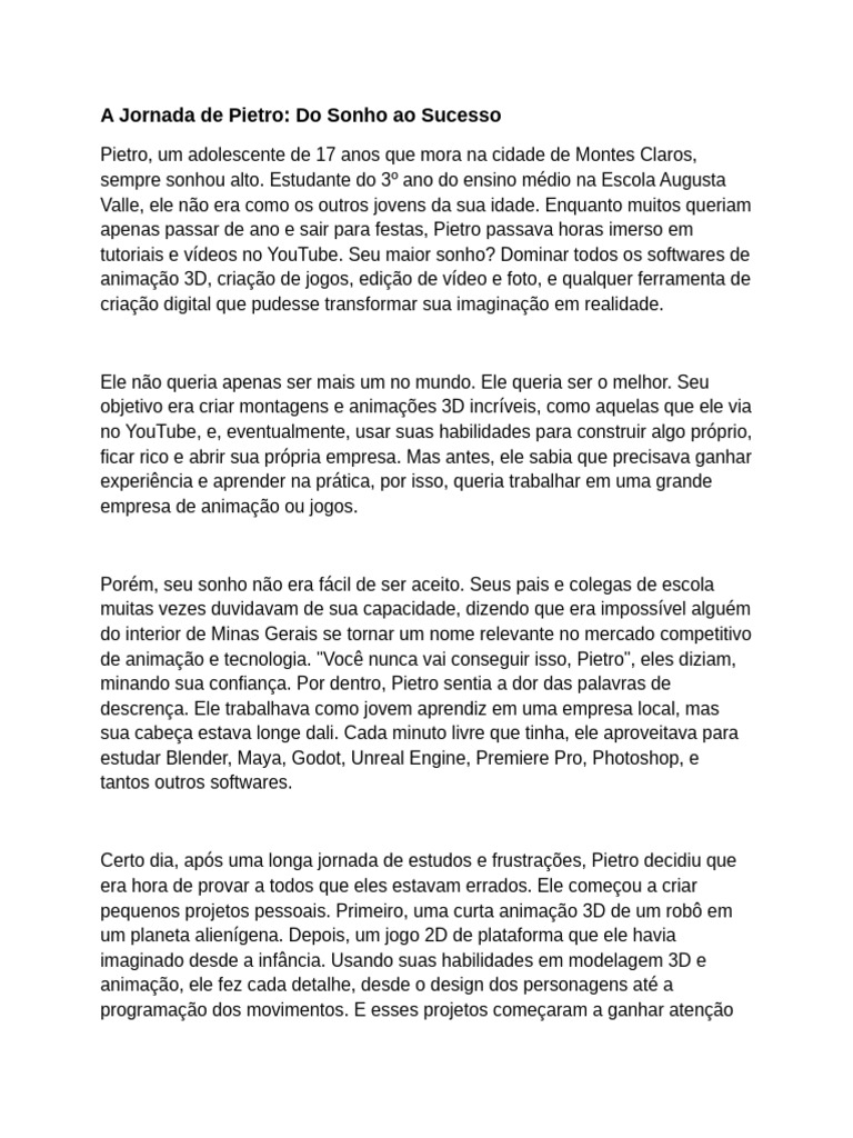 A Jornada de Pietro Do Sonho Ao Sucesso | PDF