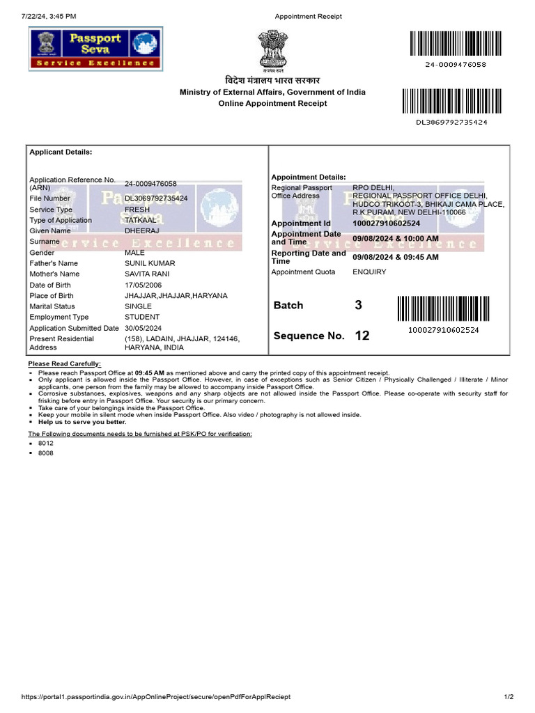 Appointment Receipt | PDF