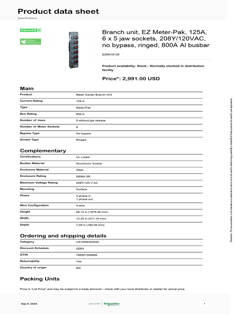 Schneider Electric EZ-MeterPak-Meter-Centers EZM316125 | PDF