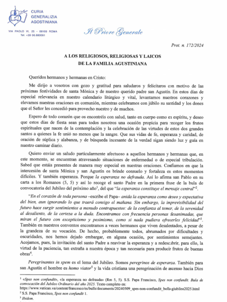 2024-172 SPA Lettera Festale Per Solennità S. Agostino 2024 | PDF