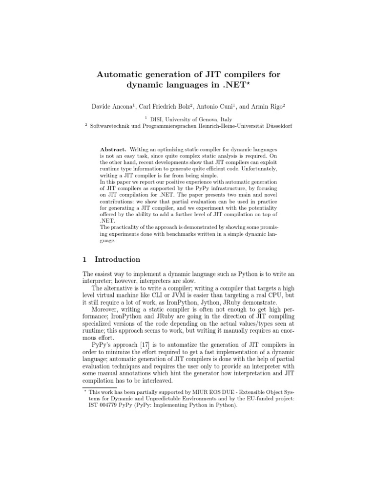 Automatic Generation Of Jit Compilers For Dynamic Languages For Pdf