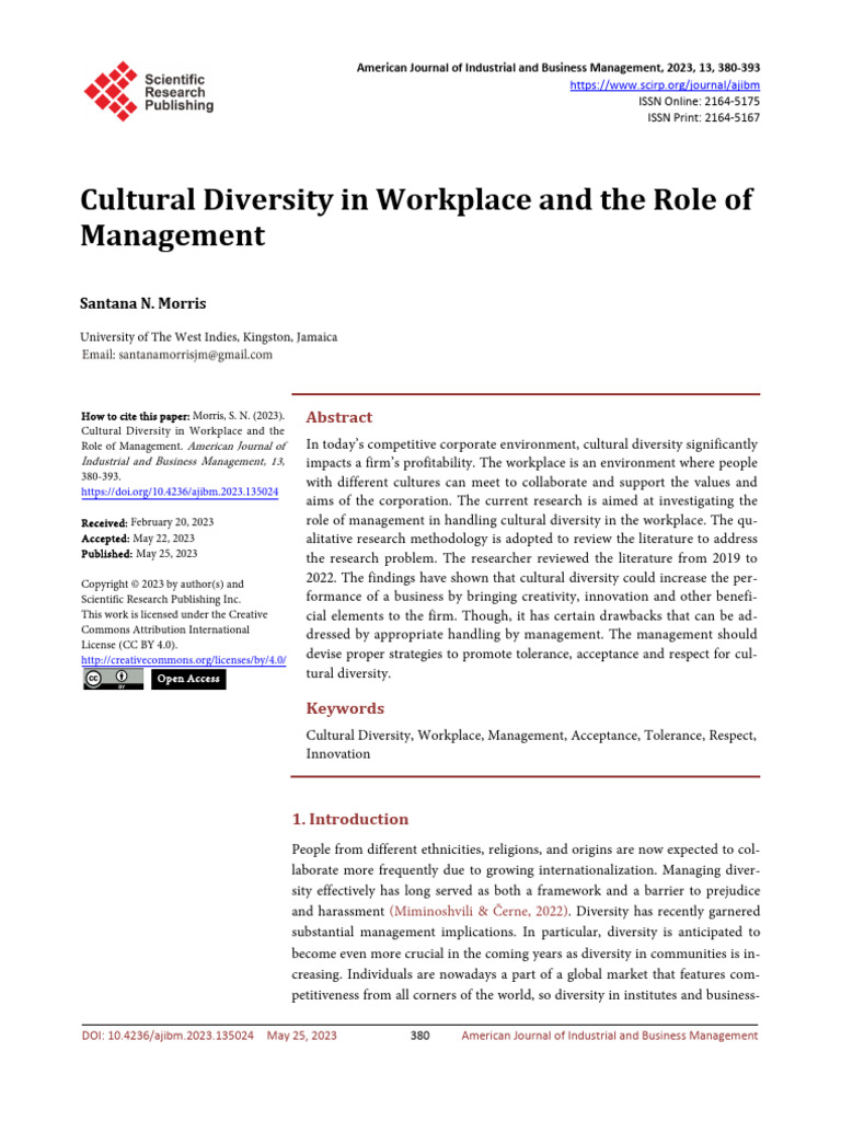 Cultural Diversity in Workplace and The Role of Ma | PDF | Diversity ...