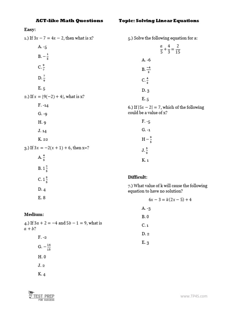 ACT Linear Equations Practice | PDF | Equations | Mathematical Objects