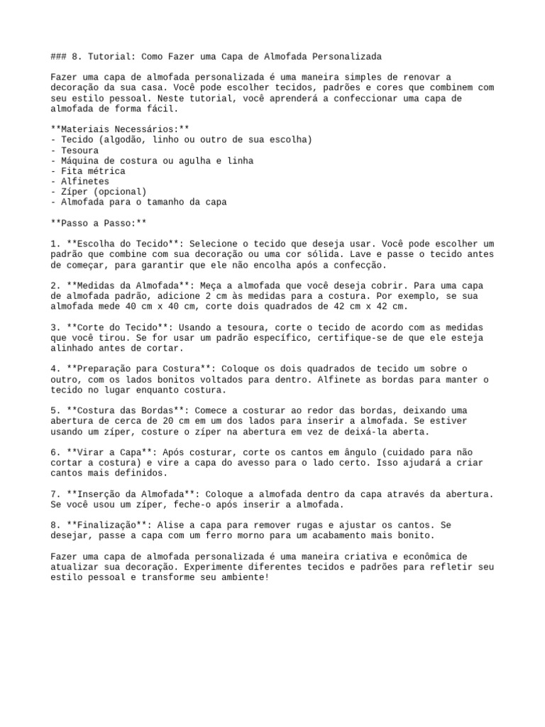 8. Tutorial Como Fazer Uma Capa de Almofada Personalizada | PDF