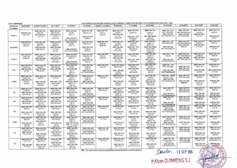 Calendrier DS 2nd Cycle 1er TRIM 20242025 - 0001 - 240916 - 145044 | PDF