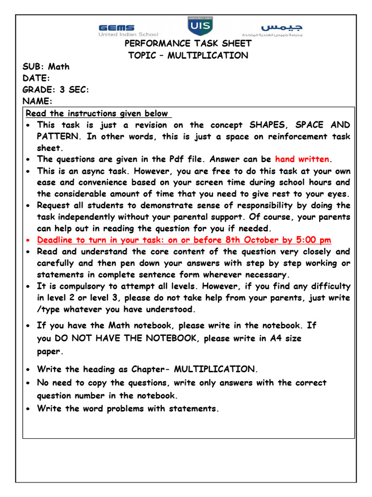 GRADE-3-LEVEL BASED-Performance Task - Multiplication | PDF