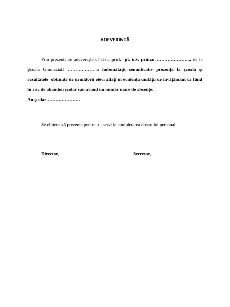 Adeverinta Scoala b1 Imbunatatire Prezenta | PDF