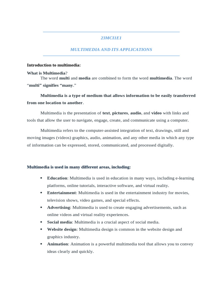 23MCI1E1-Multimedia Unit 1 & 2 | PDF