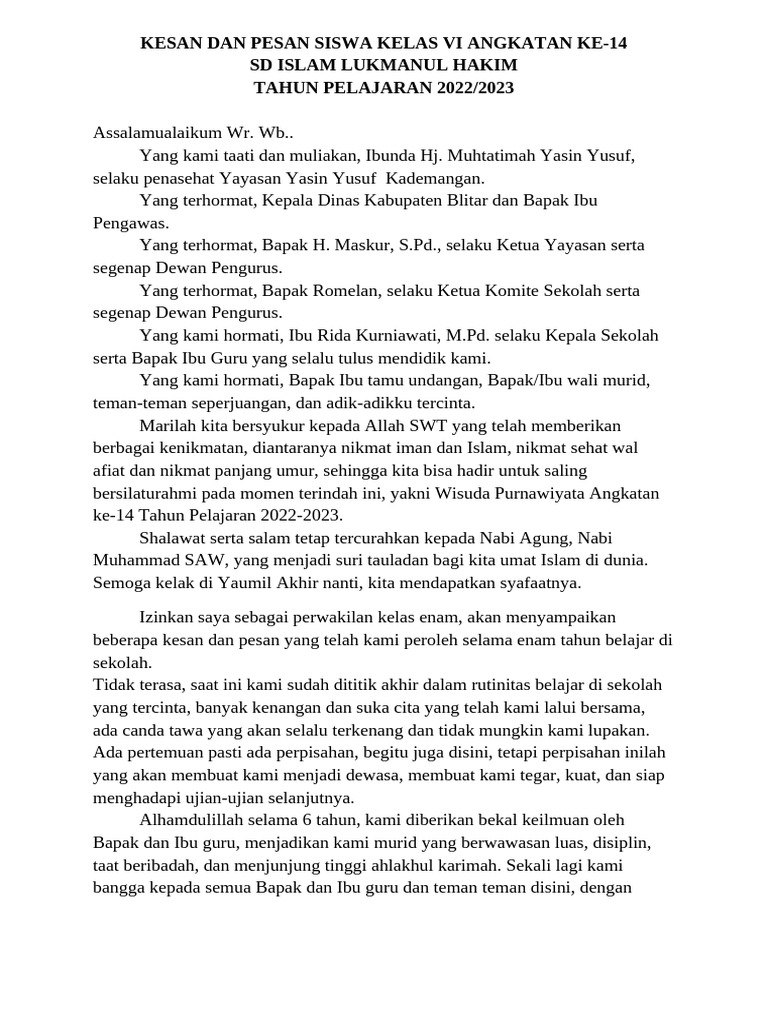 Kesan Dan Pesan Siswa Kelas Vi 2023 New | PDF