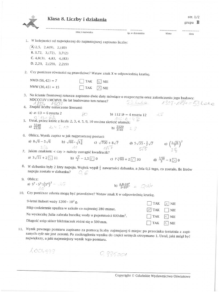 KL 8 Sprawdzian Liczby I Działania | PDF