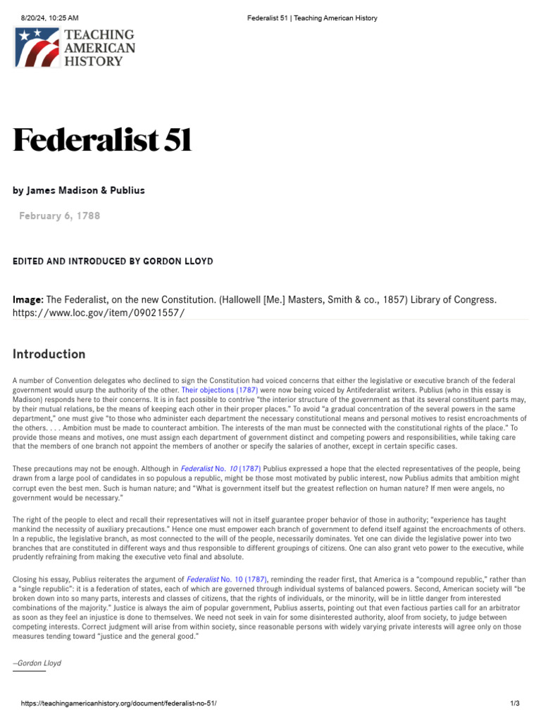 Federalist 51 - Teaching American History | PDF