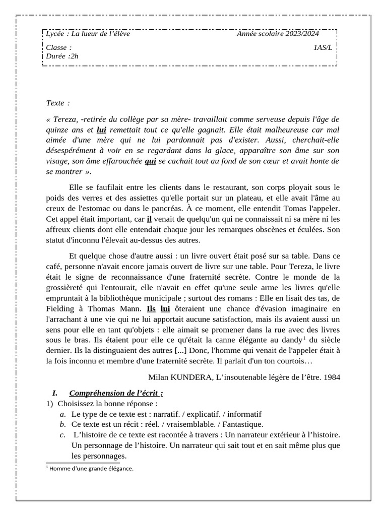 Devoir 1as Lettres | PDF