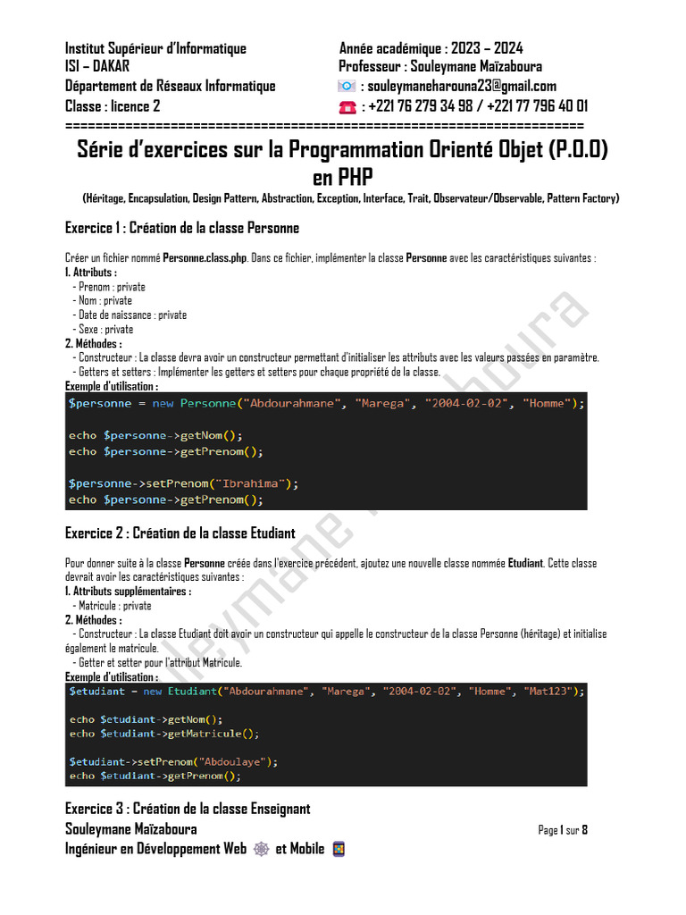 Série Dexercices Sur La Programmation Orientée Objet En Php L2 Institut Supérieur D