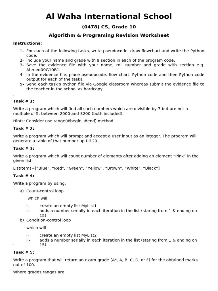 Grade 10 CS Algoritm & Programming Revision Worksheet 2024-2025 | PDF