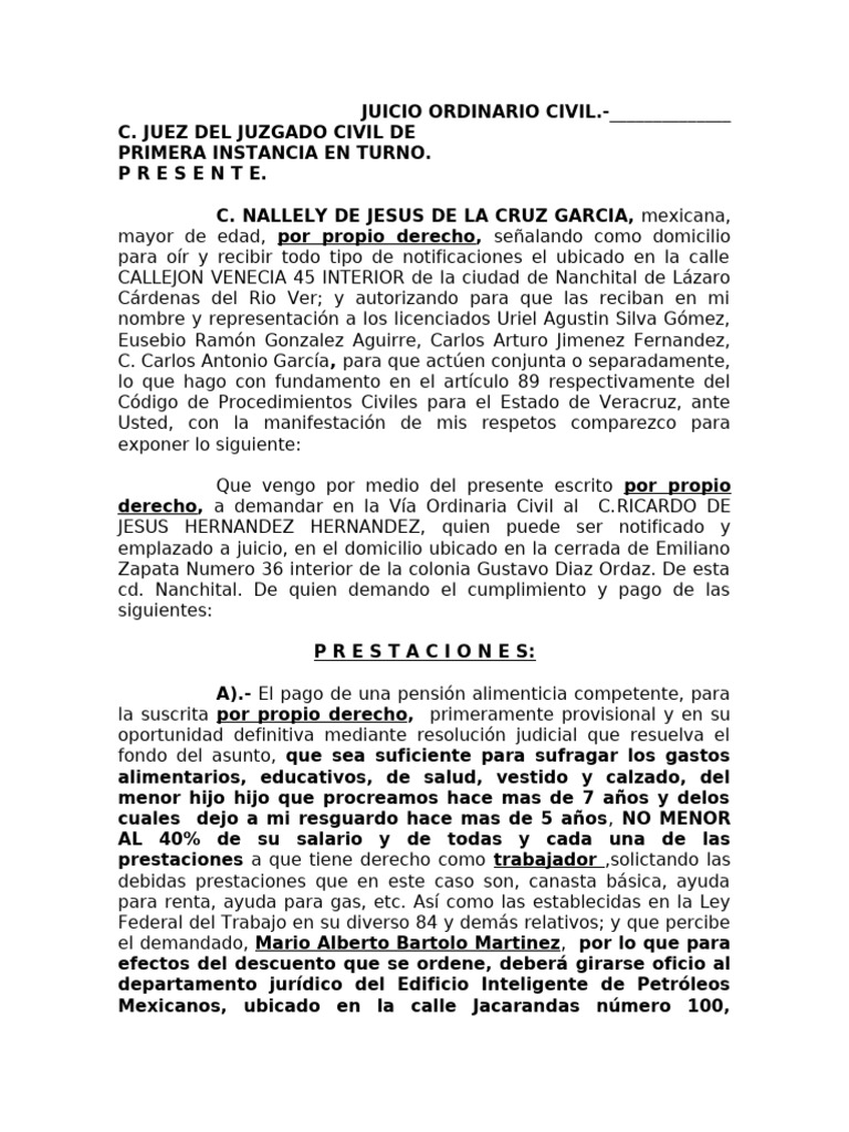 Demanda de Pensión Alimenticia Civil | PDF | México | Justicia