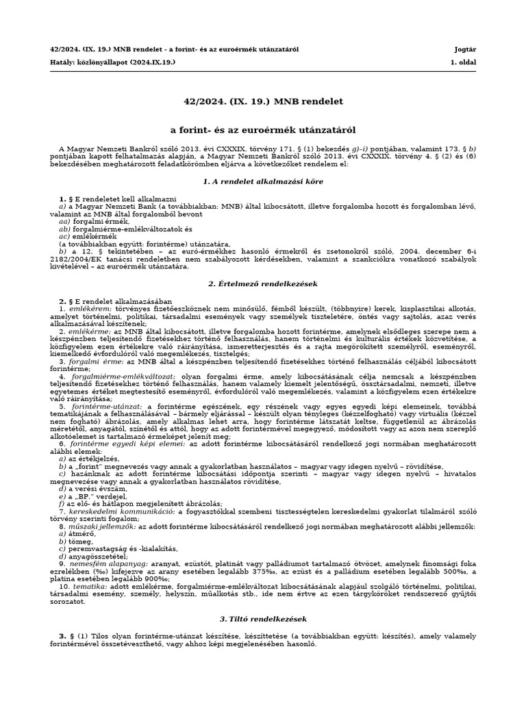 42 - 2024. (IX.19.) MNB - A Forint - És Az Euroérmék Utánzatáról | PDF