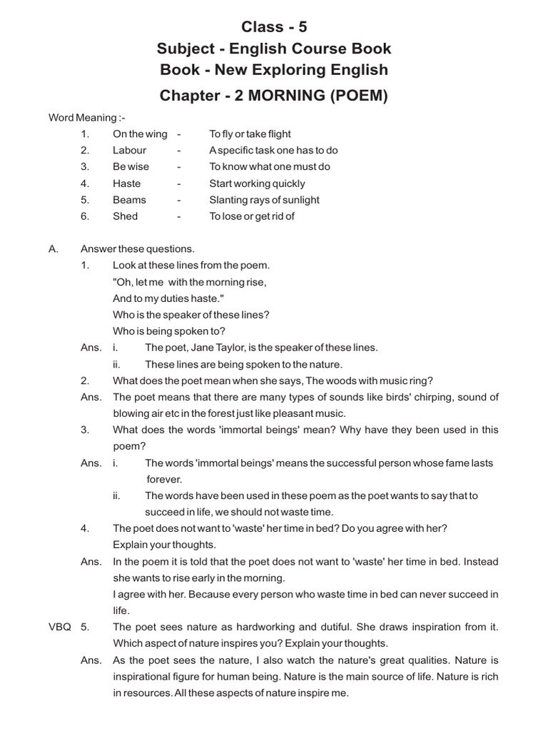 Class 5 Subject English Course Book Chapter 2 Morning Poem | PDF