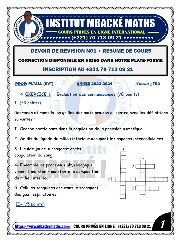 SVT TS2 Devoir SVT de Revision N01 Correction en Video | PDF