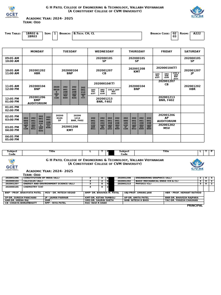 Class Time Table - CHEM - 2024-25 - Sem1 | PDF | Physical Sciences