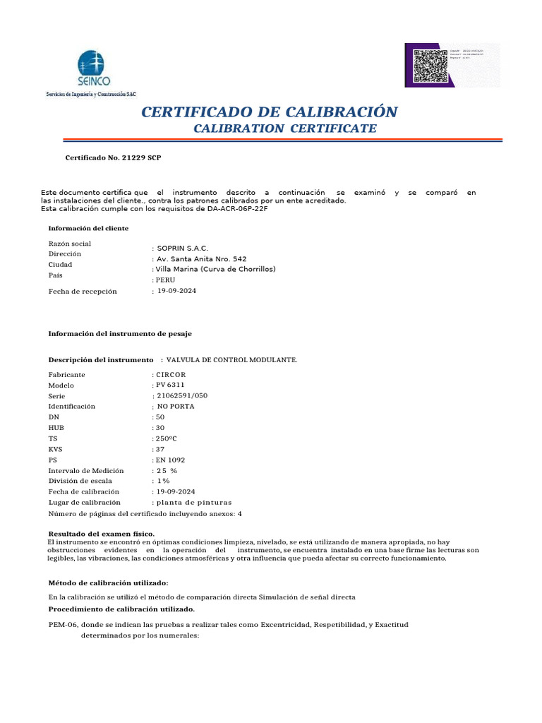 Certificado de Calibracion Valvula 2024 | PDF