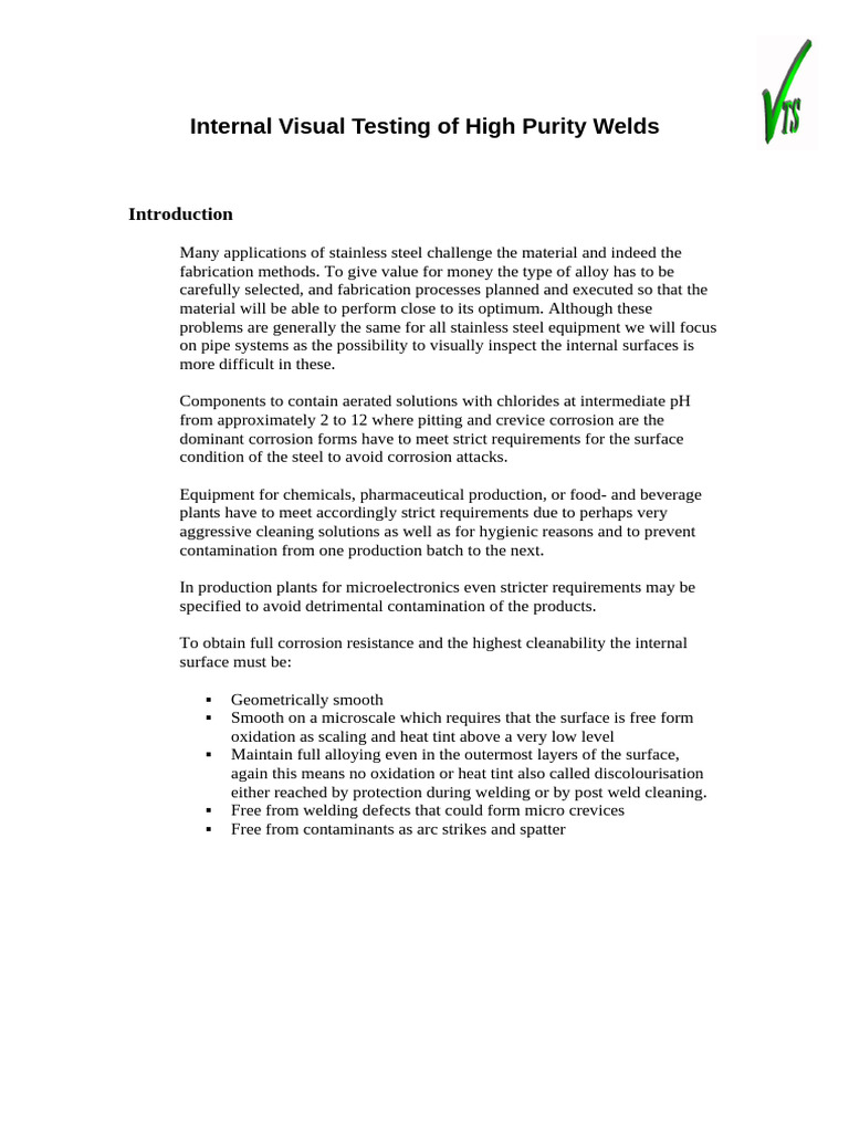 Visual Testing of High Purity Welds | PDF | Corrosion | Stainless Steel
