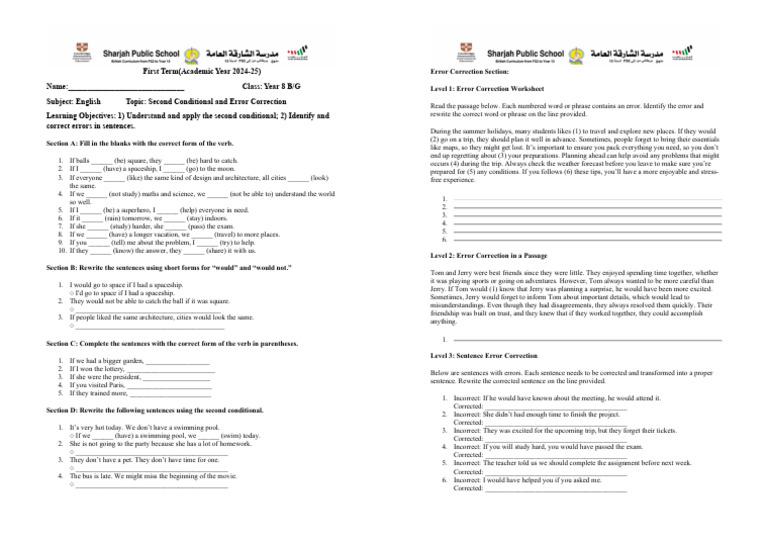 Year 8 Esl Second Conditional And Error Correction Worksheet 4108